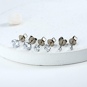 LOSTERLO 1 pair/3 pairs Clear Cubic Zirconia Jewelry Set Pure Titanium Earrings For Sensitive Ears 2mm 4mm 6mm CZ Stud Earring for Women (2mm+4mm+6mm)