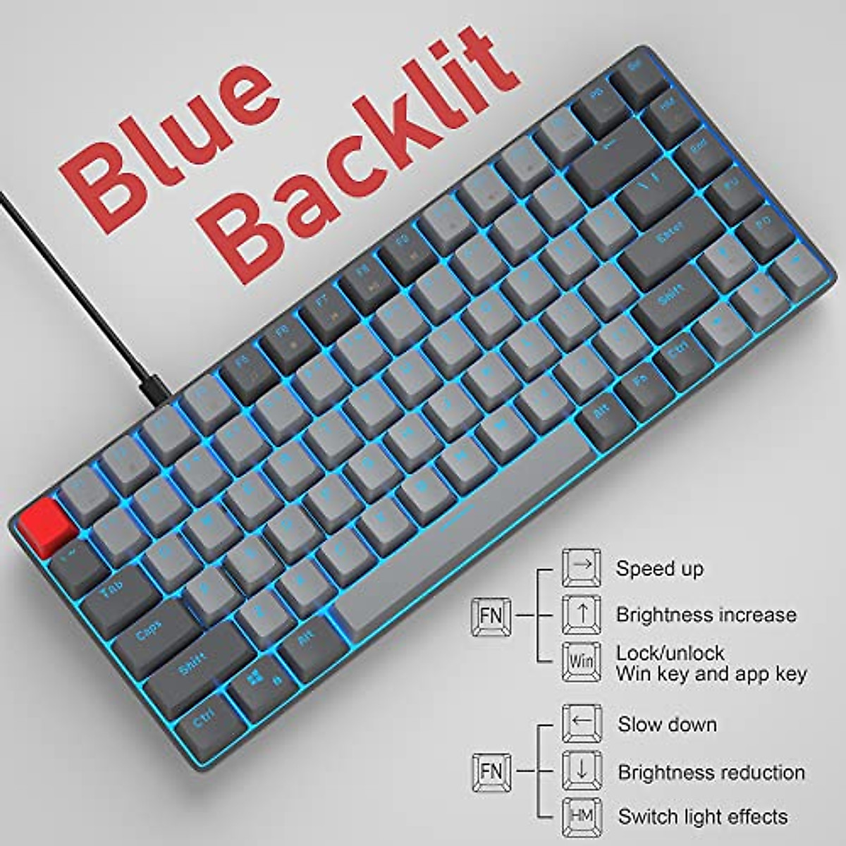 84 Keys Mechanical Gaming Keyboard, Compact Gray Gaming Keyboard with Linear Red Switches, Wired Detachable Type-C Cable Mini Keyboard with Blue Light for Windows/Mac/PC/Laptop