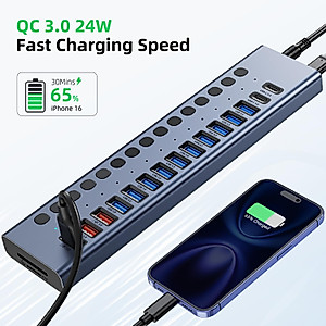 Powered USB Hub, VANGREE 17-Port 90W USB 3.0 Hub (10 USB 3.0 Ports+3 QC24W Fast Charging Ports+2 USB-C 3.0 Ports+SD/TF Card Reader), Individual On/Off Switches, 12V/7.5A Power Adapter for Laptop, PC