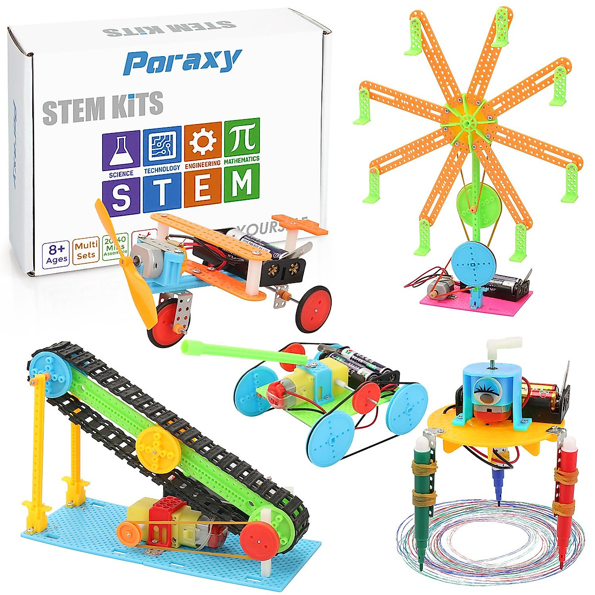 Poraxy 5 Set STEM Science Kits for Kids Age 8-12, DC Motors Electronic Assembly Robotic STEM Toys for Age s 8-13, Building Experiments Projects Kits, Gifts for Boys and Girls Ages 6 7 8 9 10 11 12 13