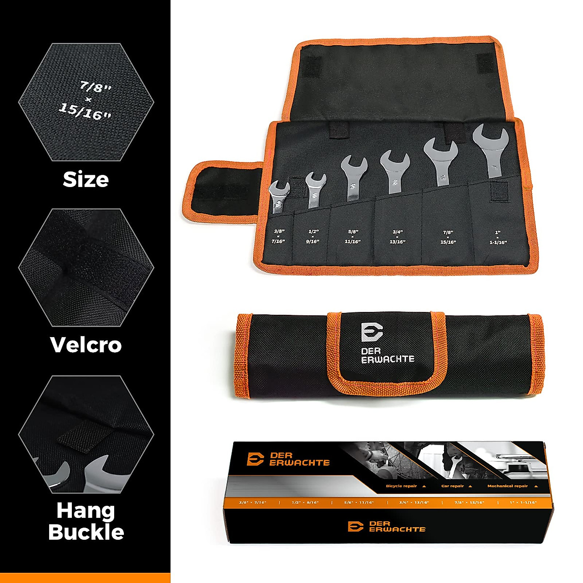 Der Erwachte Super-Thin Open End Wrench Set, SAE, 6-Piece, Including 3/8", 7/16", 1/2", 9/16", 5/8"，11/16", 3/4", 13/16", 7/8", 15/16", 1", 1-1/16", Slim Wrench Set with Rolling Pouch