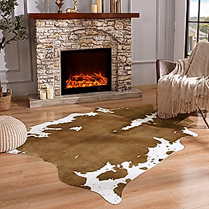 Merelax Premium Faux Cowhide Rugs for Living Room 4.6x5.2 Feet，Large Cow Print Rug for Bedroom Home Office Western Decor, Durable Cow Hide Animal Print Floor Carpet，Brown