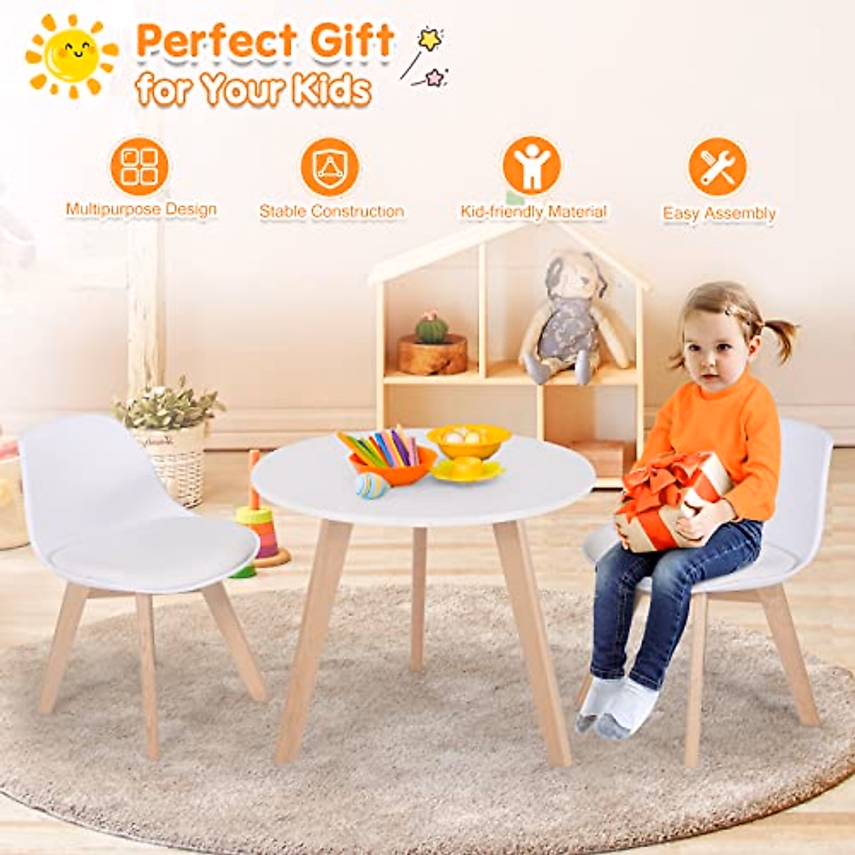 Costzon Kids Table and Chair Set, 3 Pcs Wood Activity Play Table w/Padded Seat & Wood Legs for Arts, Crafts, Reading, Preschool, Kindergarten, Playroom, Mid Century Modern Toddler Table & Chairs