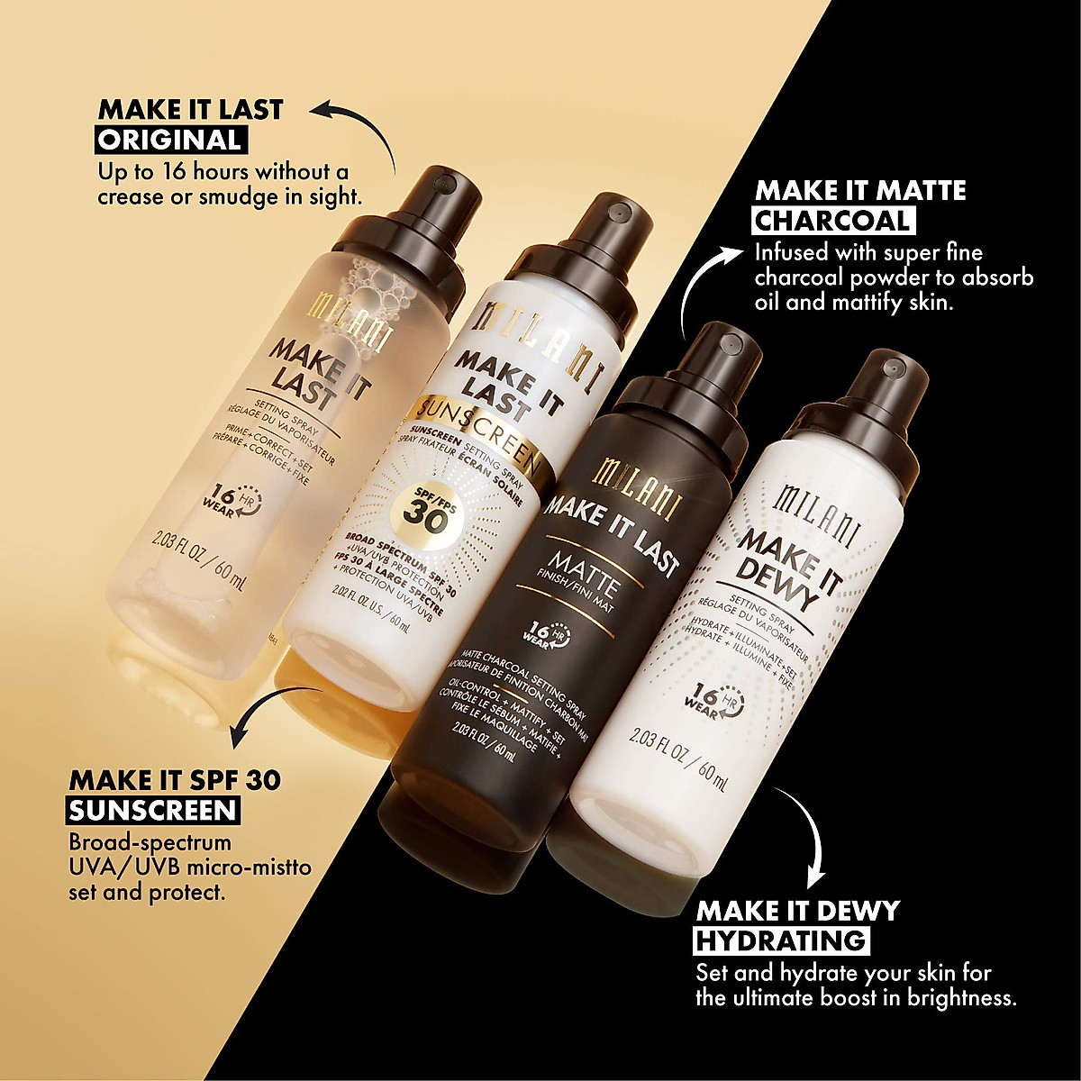 Milani Setting Sprays: Make It Last, Make It Dewy, Make it Last Charcoal Matte, Make It Last Sunscreen Setting Spray with SPF30, Long Lasting Makeup Finishing Spray