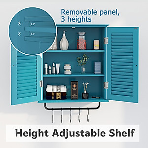 TaoHFE Bathroom Cabinet Wall Mounted Turquoise Designer Bathroom Wall Cabinet Medicine Cabinet with Double Shutter Doors 3 Tier Adjustable Shelf with Towel Rack Over The Toilet Storage Cabinet Laundry