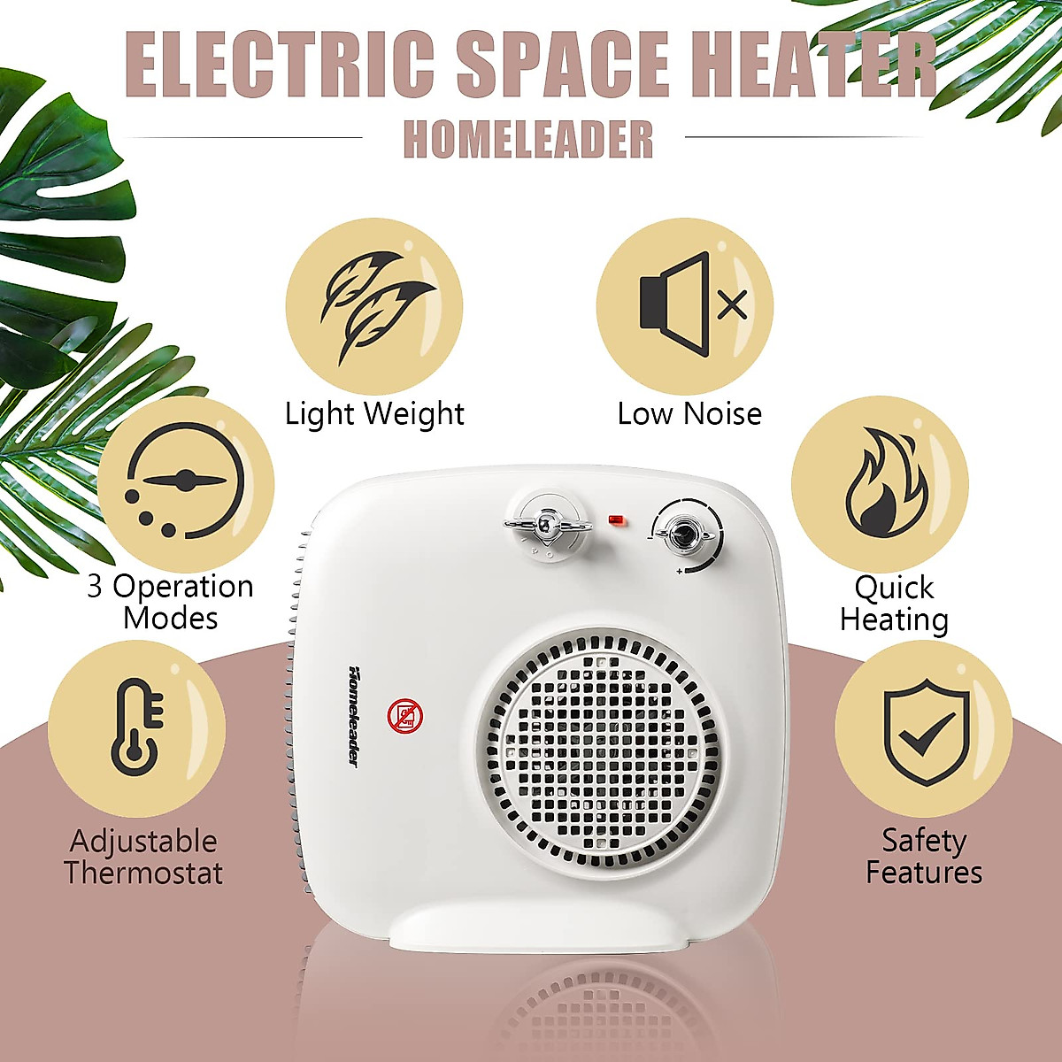 Portable Fan Heater, Homeleader 750W/1500W Electric Space Heater with Adjustable Thermostat, Room Heater for Home Office Q7