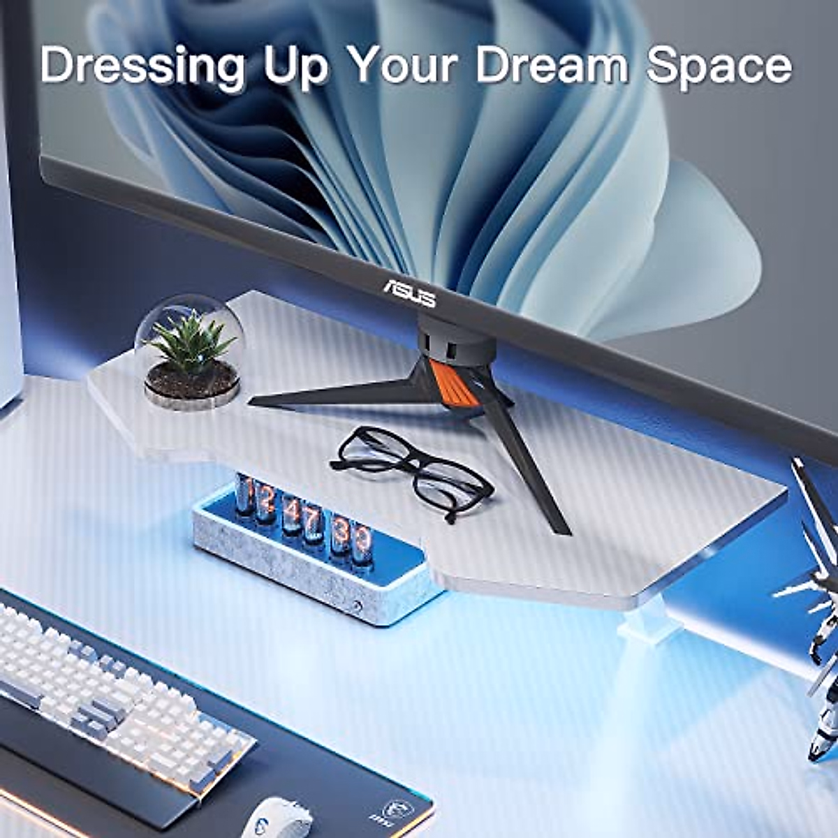 MOTPK White Gaming Desk with LED Lights, Gaming Table Desk 47 inch Z Shaped, Gamer Desk Ergonomic Sturdy, Kids Computer Desk with Monitor Stand Cup Holder and Headphone Hook, Black, Gift Idea