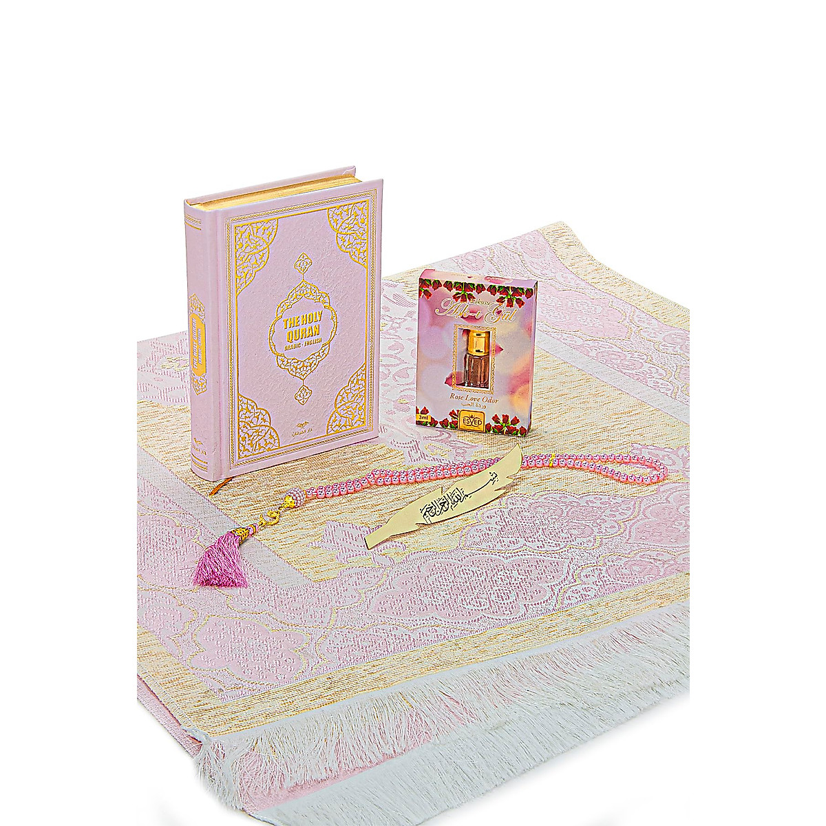 ihvan online Prayer Gift Set for Hajj and Umrah, Muslim Prayer Rug, Prayer Mat, Beads Taasbih, Holy Quran Translated English, Muslim Praying Mat, Islamic Gift Set for Ramadan & Eid, Pink