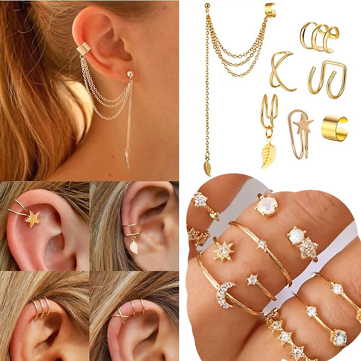 CONGYING 34 PCS Gold Color Jewelry Set with 3 PCS Necklace, 10 PCS Bracelet, 12PCS Ear Cuffs Earring, 9 Pcs Knuckle Rings For Women Valentine Anniversary