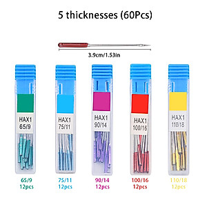 60 Pieces Sewing Machine Needles Universal Regular Point Machine Needles for Singer, Brother, Janome, Varmax with Size in HAX1 65/9, 75/11, 90/14, 100/16, 110/18 (5 Colors)