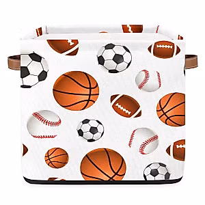 KOBLEN Sports Ball Print Square Storage Basket Collapsible Storage Box Clothes Basket 13x13 Inch Large Cube Storage Bin With PU Leather Handle for Home Office Closet Shelves