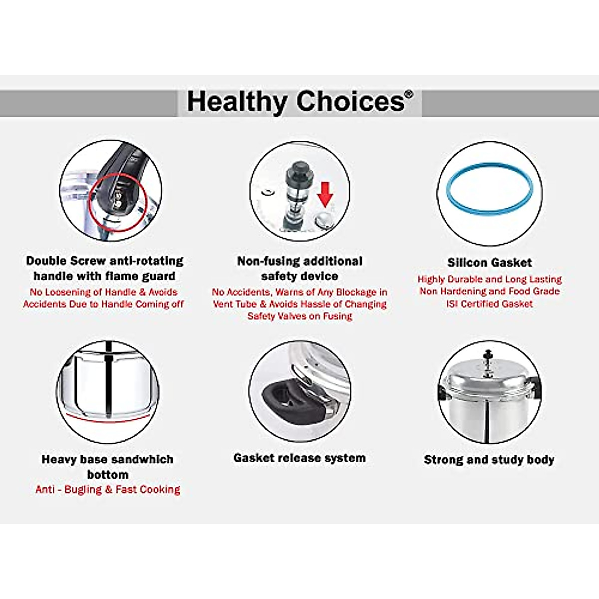 Healthy Choices 5 Quart Pressure Cooker, Stainless Steel, Unique Double Safety Valve, Olla de Presion Acero Inoxidable, Gas Stove & Induction Compatible, Instant Cooking, Indian Cookware, 5 Liters