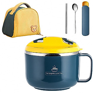 304 Stainless Steel Ramen Bowls,Insulation Bowls With Lid & Handle Ramen Cooker, Blue, 6.3x5.12x4.92