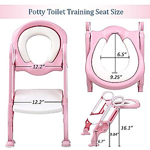 Potty Training Toilet Seat with Step Stool Ladder for Kids Children Baby Toddler Toilet Training Seat Chair with Soft Cushion Sturdy and Non-Slip Wide Steps for Girls and Boys (Pink White)