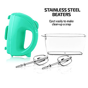 Ovente Portable Electric Hand Mixer 5 Speed Mixing, 150W Powerful Blender for Baking & Cooking with 2 Stainless Steel Chrome Beater Attachments & Snap Clear Case Compact Easy Storage, Turquoise HM161T