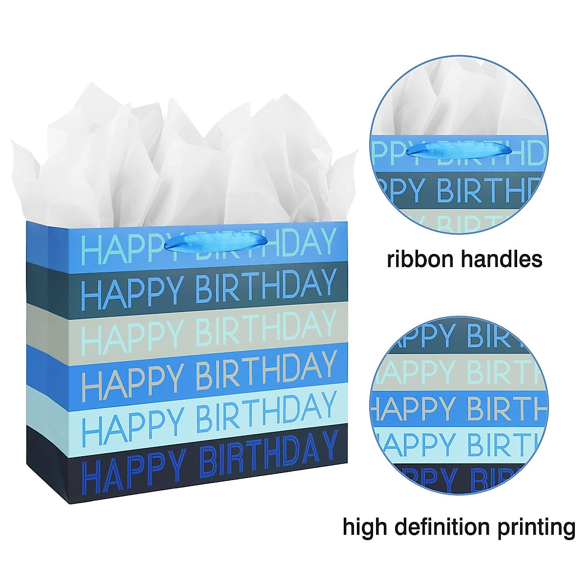 13" Large Happy Birthday Gift Bag with Tissue Paper,Card and Handles for Men Boy Kid Birthday Party (Blue Stripes)