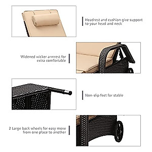 Fit Choice 2 Piece Wicker Patio Chaise Lounge Set, Patio Lounge Chair W/Wheels, 5 Adjustable Back Position, Pressure Relief Cushion, W/ 1 Tempered Glass Bistro Table Dark Grey