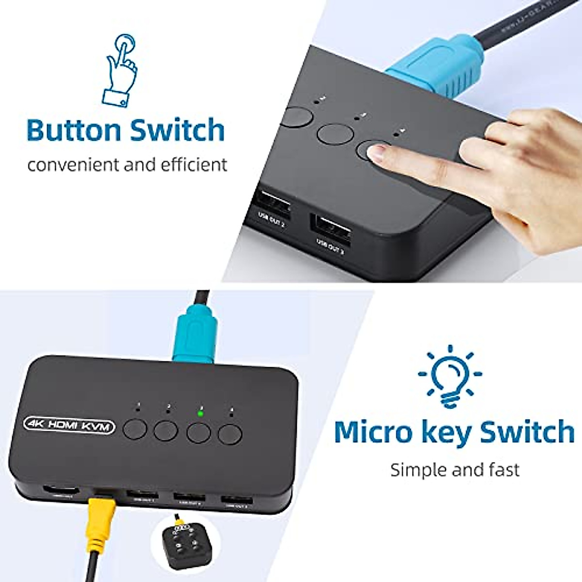 4K HDMI KVM Switch, 4 Port HDMI USB Switch for 4 Computer Share a 4K@30Hz Monitor and 3 USB Device Keyboard Mouse Printer, Including 4 KVM Cables