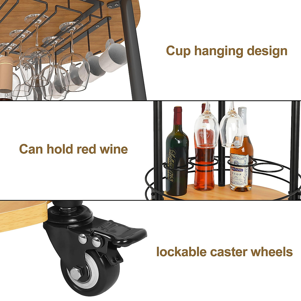 Small Bar Cart with Wheels, 2 Tier Serving Cart for Home Mobile Round Coffee Table Bearing 130 LBS Rolling Beverage Drink Cart, Coffee Corner Station with Wine Rack for Living Room Bedroom Office