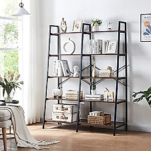 HOMBAZAAR Bookshelf, 5-Tier Industrial Bookshelf, Wide Double Ladder Bookcase Wood and Metal Bookshelves for Home Office Living Room,Brown