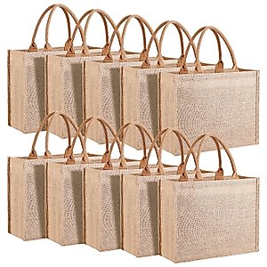 10 Pack Burlap Tote Bags Reusable Jute Bags with Handles Blank Burlap Tote Large Jute tote 15.1X11.8X5.5Inch Burlap Gift Bags for Grocery Shopping Wedding Travel Bachelorette Party Embroidery DIY Art