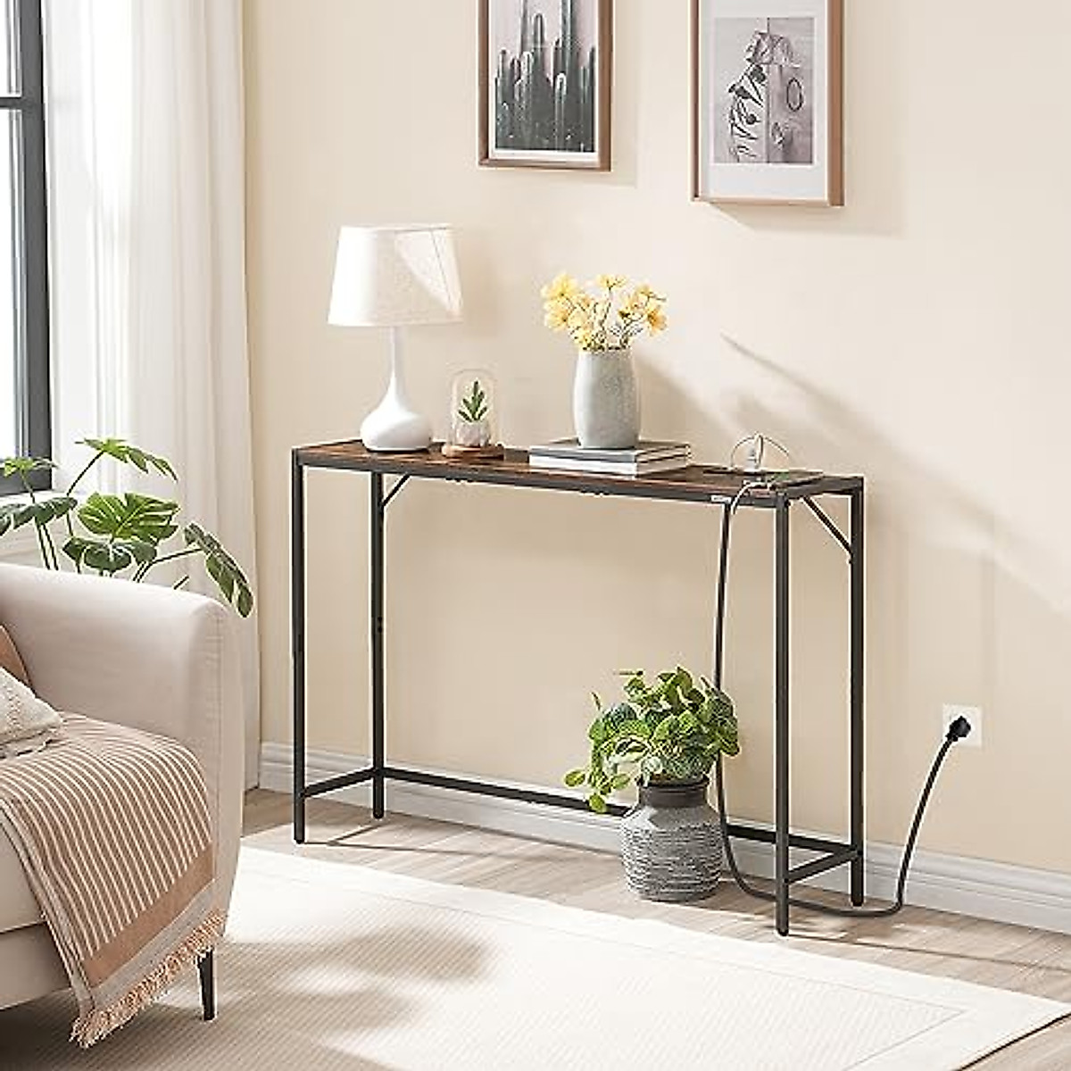 MAHANCRIS Console Table, Narrow Sofa Table, 43.5” Entrance Table, Metal Frame, Behind Couch Table, Simple Style, for Living Room, Hallway, Entryway, Foyer, Rustic Brown and Black CTHR112E01