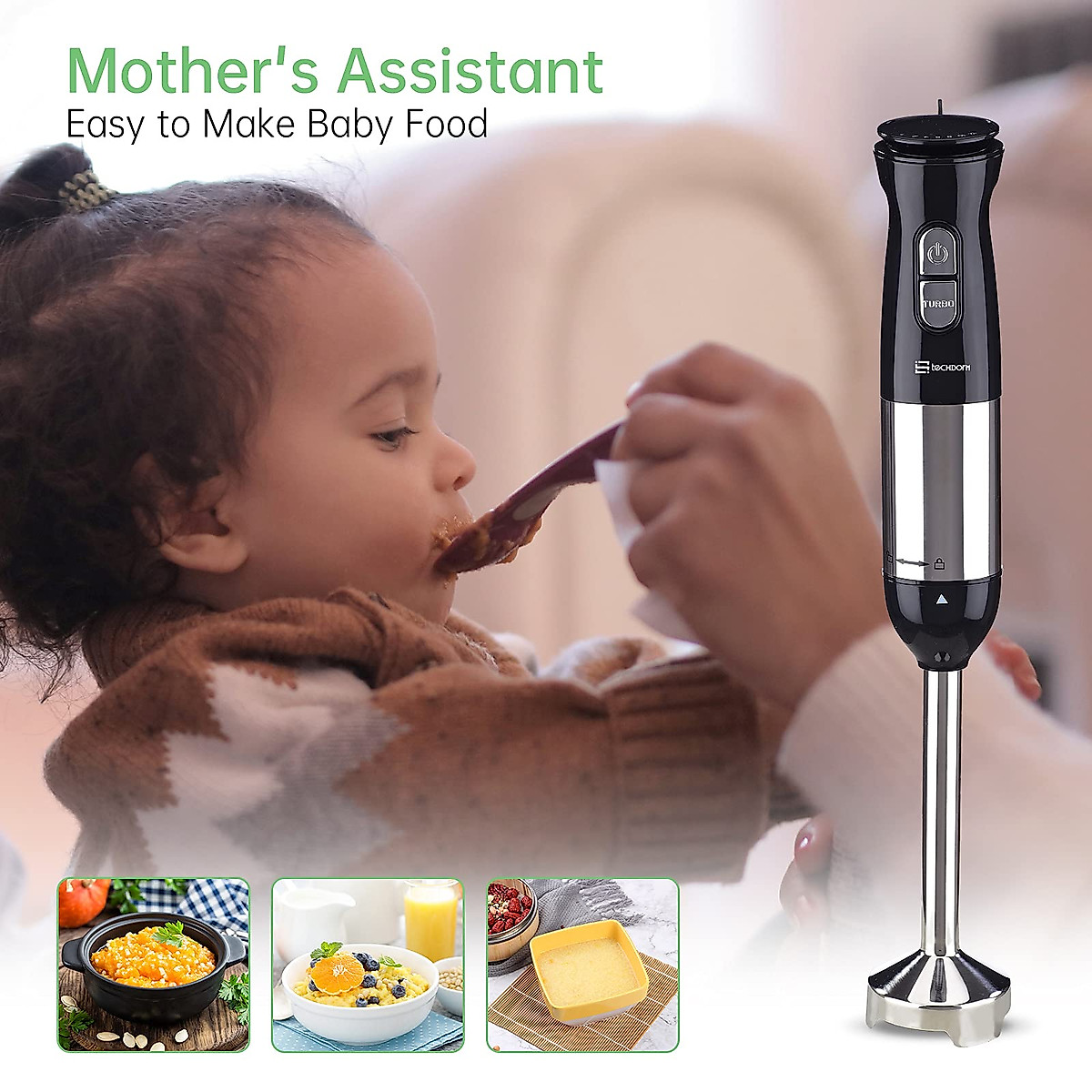 Immersion Hand Blender, 5 in 1 Multi-Purpose Hand Blender, 12 Speed+Turbo Stick Blender with 500ml Chopper, 700ml Beaker, Egg Whisk, Milk Frother, Black