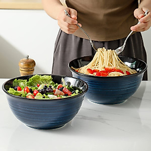 Hasense Ceramic Large Serving Bowls,84 Ounce Salad Mixing Bowls Set of 2 for Kitchen for Soup,Pho,Pasta,Popcorn, Dishwasher & Microwave Safe(Blue)