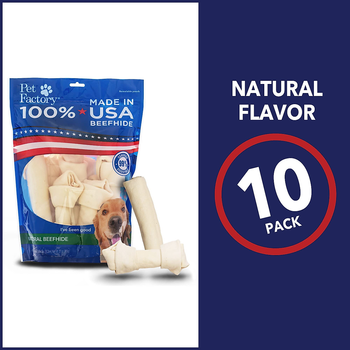 Pet Factory 100% Made in USA Beefhide 6-7" Assorted (Bones & Rolls) Dog Chew Treats - Natural Flavor, 10 Count/1 Pack