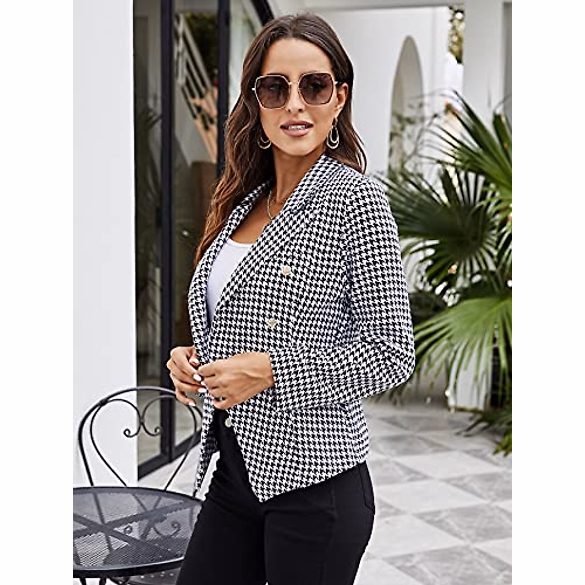 SheIn Women's Houndstooth Long Sleeve Lapel Collar Double Breasted Blazer Jacket Black and White Large