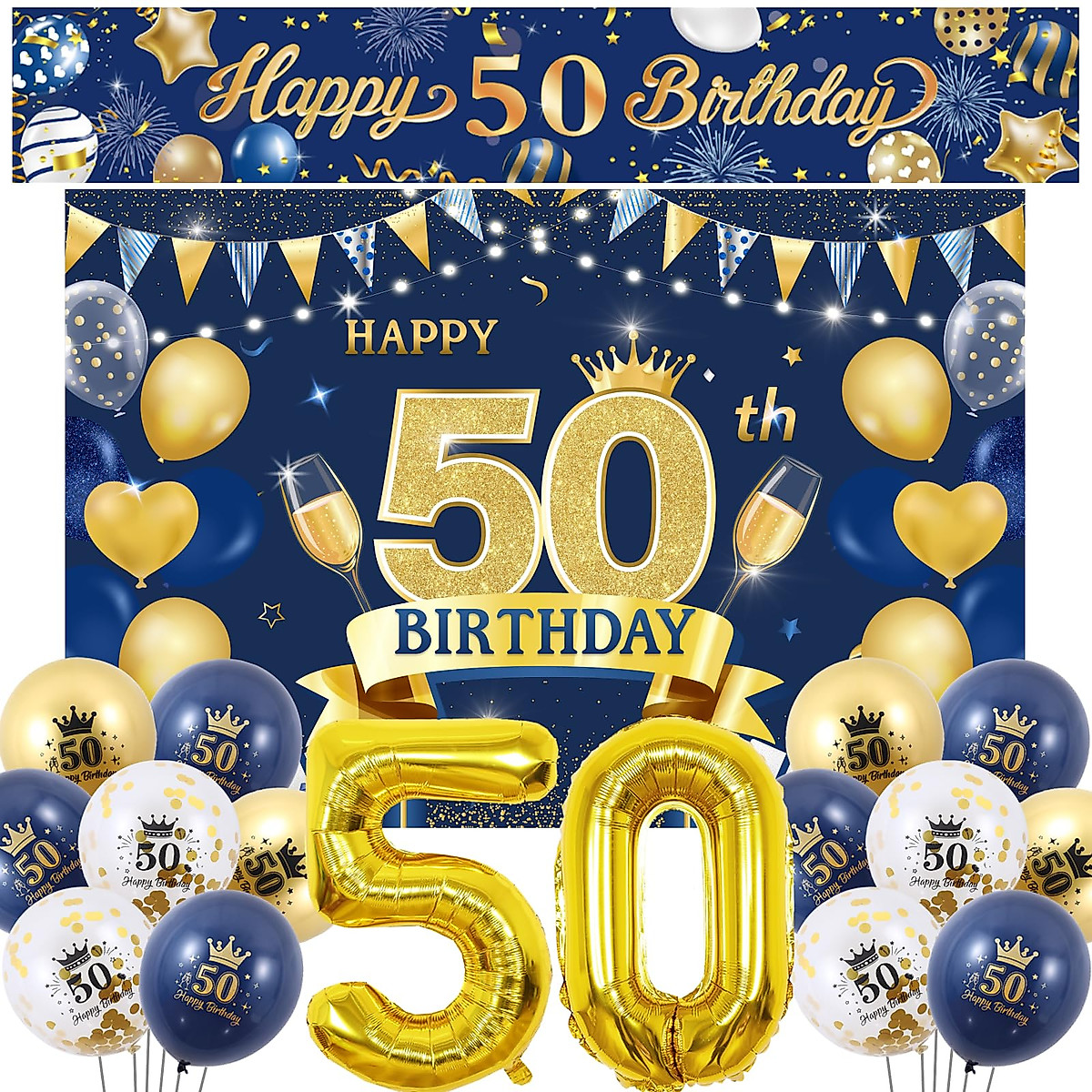 Navy Blue 50th Birthday Decorations Happy 50th Birthday Backdrop Decorations for Men Happy 50th Birthday Yard Banner Backdrop 50th Anniversary Birthday Supplies for 50 Year Old Cheers to 50s Party