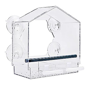 Fubullish Window Bird Feeder, Large Bird House Feeders for Outside with 4 Strong Suction Cups & 2 Extra Bird Stands, Removable Tray and Drain Holes, Birdhouse Shape, Clear Acrylic for Bird Watching