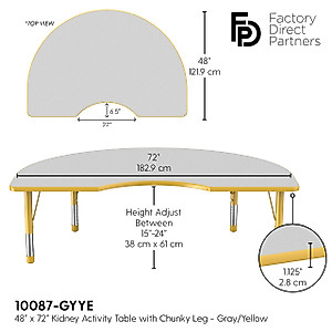 Factory Direct Partners 10087-GYYE Kidney Activity School and Classroom Kids Table (48" x 72"), Toddler Legs, Adjustable Height 15-24" - Gray Top and Yellow Edge