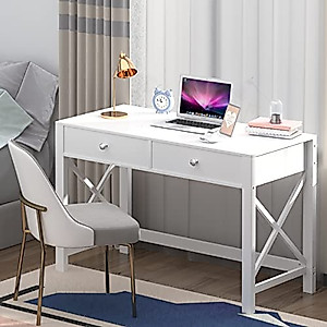 EdMaxwell White Home Office Desk with Drawers, Modern Writing Computer Desk, Small Makeup Vanity Table Desk for Bedroom, Study Table for Home Office