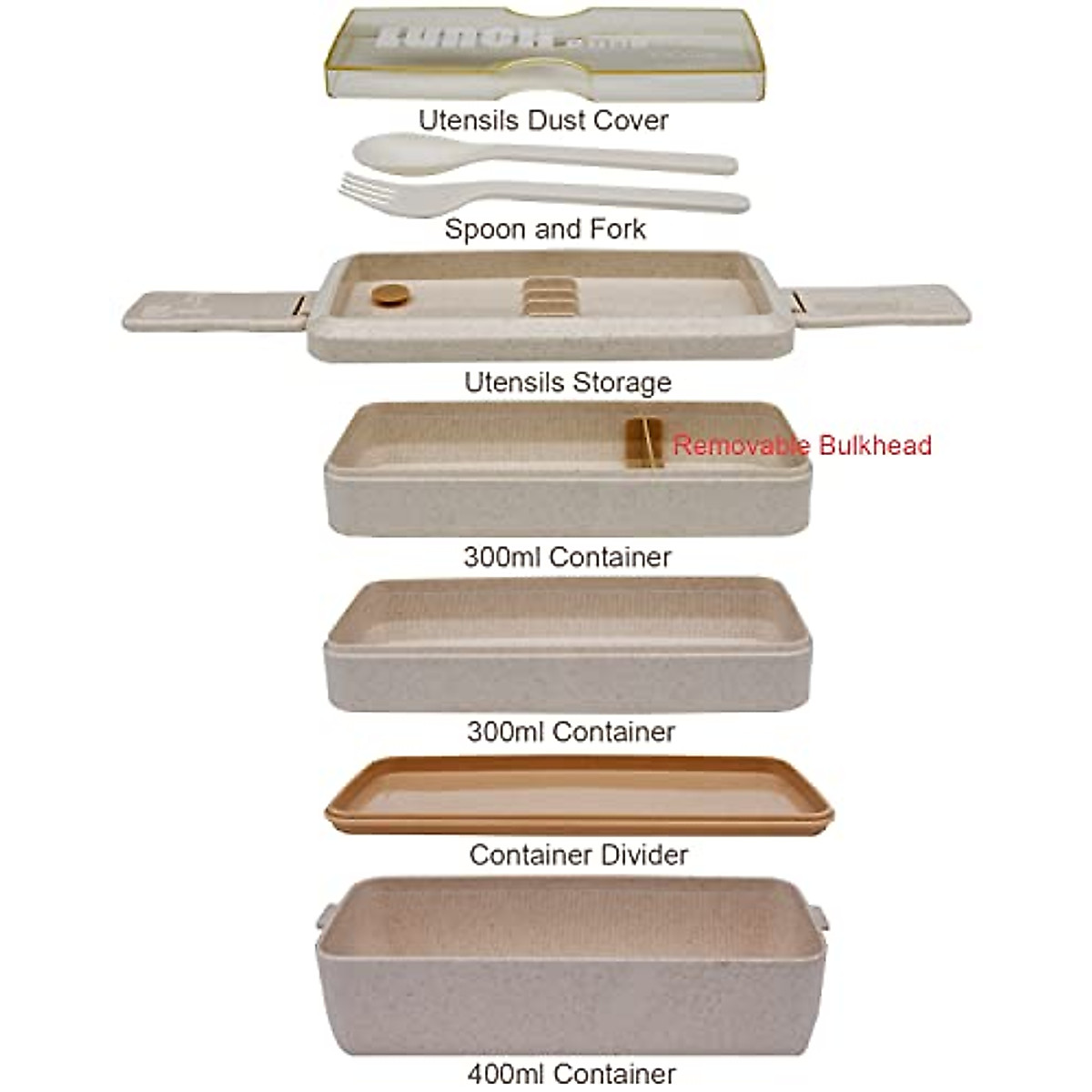 JBGOYON Bento Boxes for Adults, 1000ML Bento Lunch Box For Kids Children - Wheat Straw, Leakproof Stackable 3-In-1 Compartment Bento Box Set, Built-in Cutlery, Insulated Lunch Bag