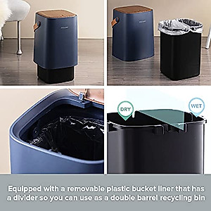 Nordic Style Garbage Can - Double Barrel Trash Can - Plastic Trash Can w/ One Press Lid - 10L/2.6Gal Waste Basket w/ Leather Handle - Modern Recycling Bins for Kitchen - Bathroom Trash Can in Navy