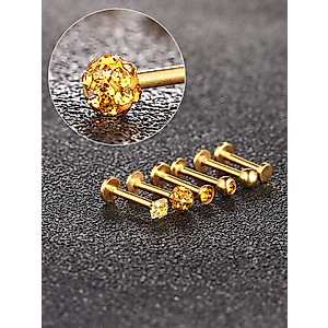 Sumind Nose Studs 16G tragus piercing jewelry Tragus Earrings Lip Rings Diamond Crystal Stainless Steel Labret Bars Body Piercing Jewelry, 6 Designs(Gold)