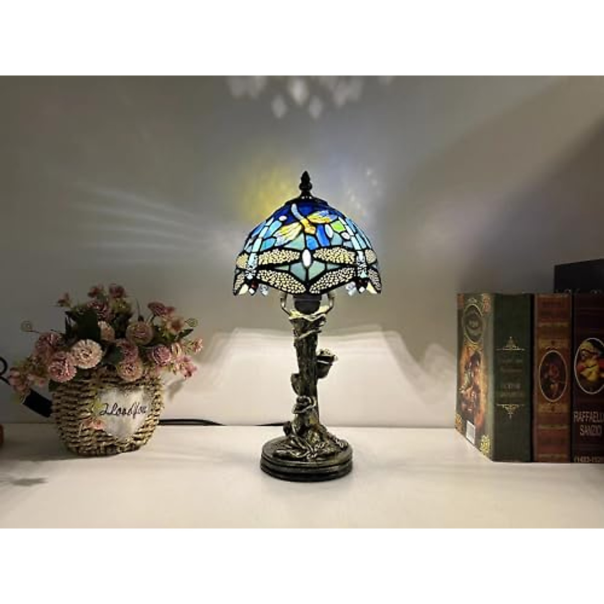 LGWW Tiffany Style Table Lamp Dragonfly Style Rose Base Stained Glass Bedside Lamp Antique Luxurious Bedside Desk Reading Light 15X8X8 Desk Light Metal Base Decor Bedroom Living Room Home Office