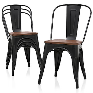 MoNiBloom Metal Dining Chairs Set of 4, Industrial Vintage Stackable Metal Chair Vintage Farmhouse Chairs with Detachable Backrest and Wood Seat for Indoor Outdoor Bistro, Black