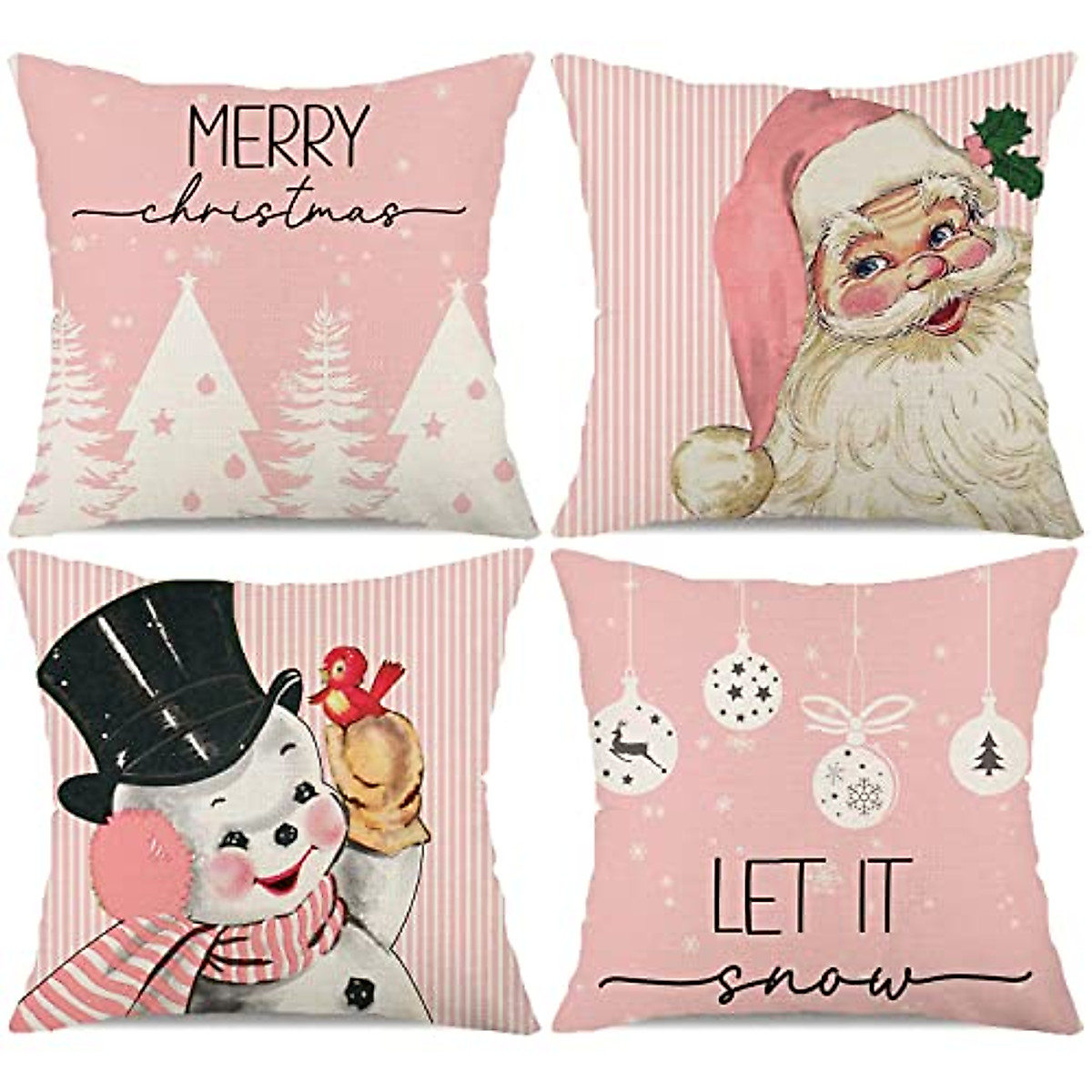 Christmas Decorations Pillow Covers 18x18 Set of 4 Pink Stripes Santa Snowman Snowflake Merry Christmas Tree Let It Snow Hello Winter Holiday Pillows Decorative Throw Cushion Case for Sofa Couch