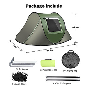 RealPero Instant Pop Up Tent, Automatic Easy Setup Outdoor Waterproof Windproof Family Tent, Upgraded 2 Doors Vestibule Sun Shelter for 2/3 People Outdoor Camping,Travelling,Hiking, Beach,Green