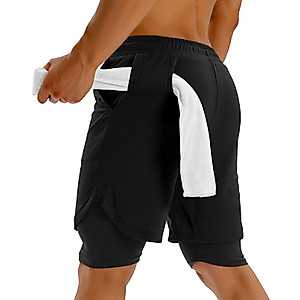 KLINNFENR Mens 2 in 1 Gym Running Shorts 7 inch Lightweight Athletic Workout Clothes for Men Quick-Dry Shorts with Zipper Pockets,Black L