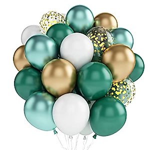 Metallic Green Gold Balloons, 60 Packs 12 Inch Dark Green White Gold Latex Balloons with Ribbons for Wedding, Anniversary, Birthday, Baby Shower, Jungle Sarfari Party