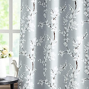 White Grey Blackout Curtains for Bedroom 84 inch Length Floral Printed Living Room Curtain Panels for Farmhouse Décor Blossom Thermal Energy Efficient Light Blocking Window Curtain 50"w 2pcs