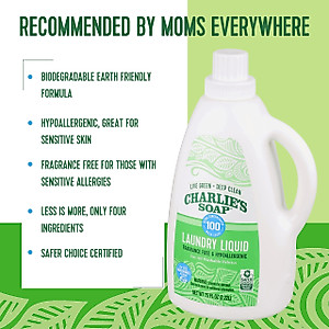 Charlie’s Soap Laundry Liquid (100 Loads, 1 Pack) 75.0 Fl Oz Natural Deep Cleaning Hypoallergenic Laundry Detergent – Eco-Friendly, Safe and Effective