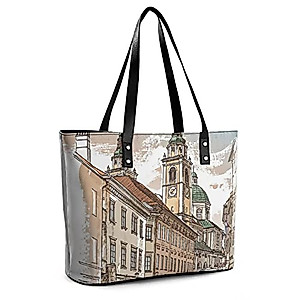 Womens Handbag Postcard Street Leather Tote Bag Top Handle Satchel Bags For Lady