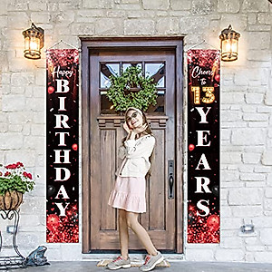 5665 Happy 13th Birthday Porch Sign Door Banner Decor Red and Black – Glitter Cheers to 13 Years Old Birthday Party Theme