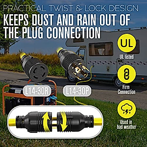 Houseables 30 Amp Generator Cord 4 Prong, Extension Generator Cable, 10 FT, 125-250v, 7500 Watt Max Rating, UL CUL, NEMA L-14-30P, Rubber, 10 Gauge, Heavy Duty, L14-30, Transfer, Twist Lock Power Cord