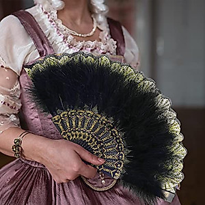 2 Pieces Feather Hand Fan Embroidered Flower Marabou Feather Fan 1920s Feather Fan Hand Fan Folding Hand Fan Drag Queen Fan for 20s Women Costume Party Dancing Photoshoot Wedding Decor (White, Black)