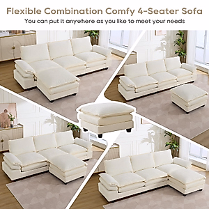 IPKIG 108.7" L Shaped Sofa - Convertible Sectional Couches for Living Room, Modular 4 Seat Oversized Comfy Chenille Fabric Sofas with Removable Ottoman and Adjustable Armrest (Beige White)